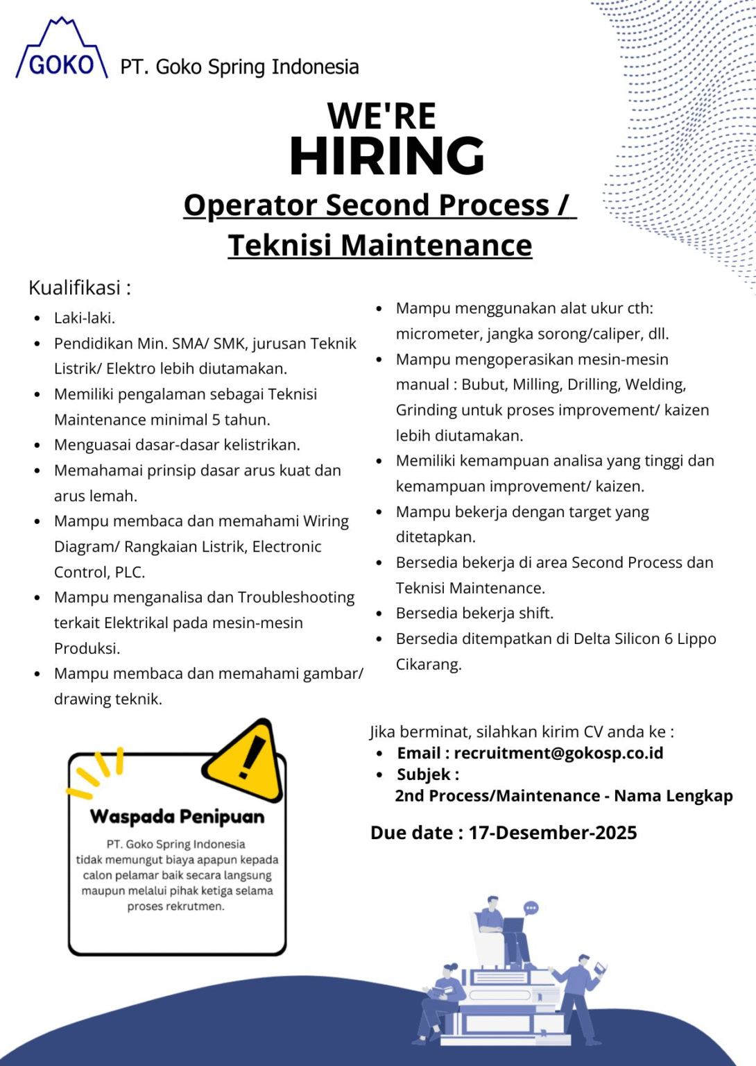 Lowongan Teknisi Maintenance – PT Goko Spring Indonesia Cikarang ...